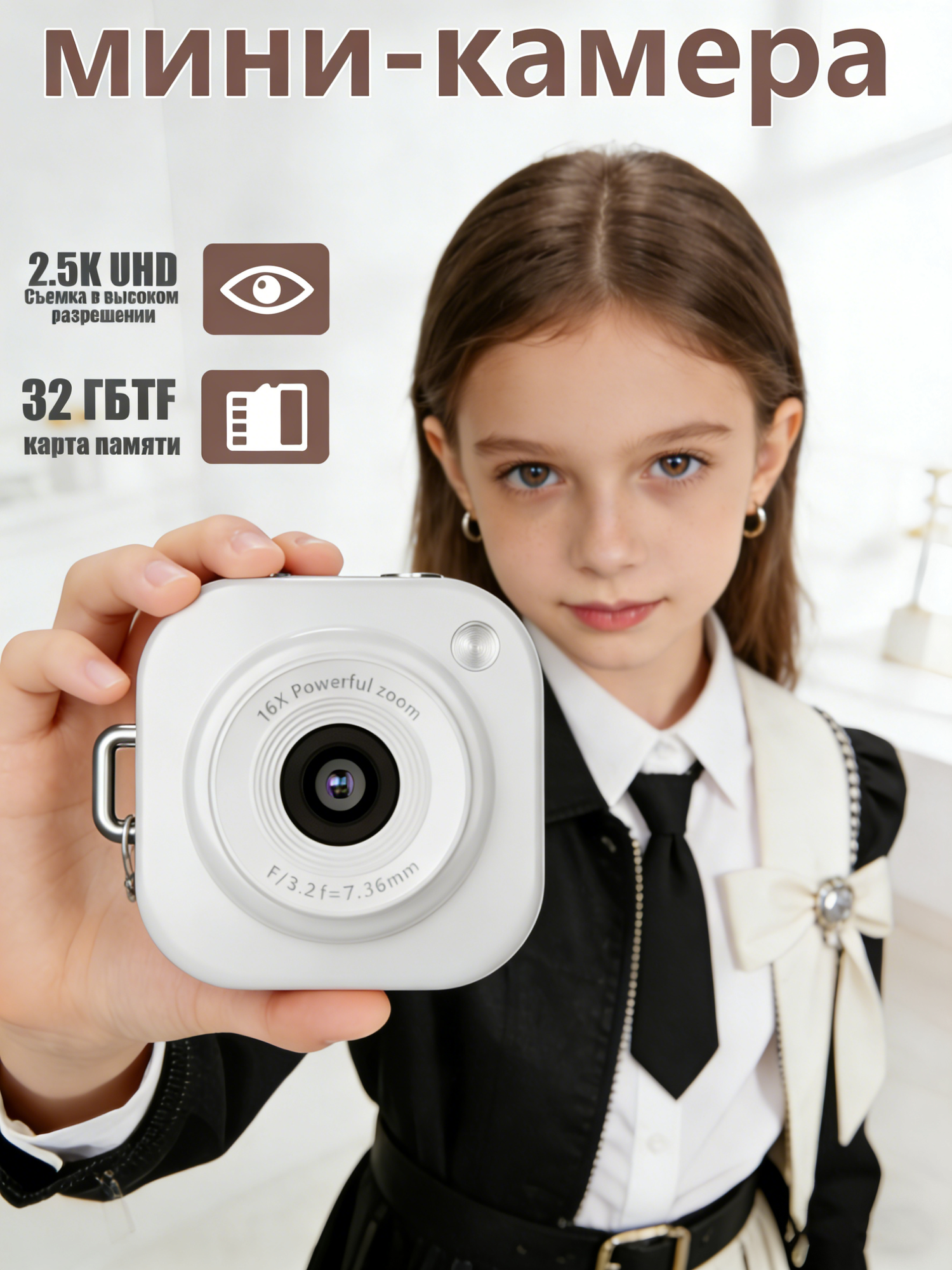 Фотоаппарат, компактная камера, QHD 2.5K, поддержка карт microSD, Ремешок, белый