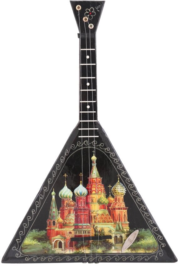 Балалайка деревянная 3-струнная расписная сувенирная Москва. Ночь, черная, с музыкальной шарманкой, высота 24см