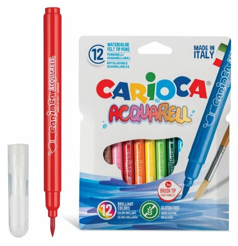 Фломастеры акварельные CARIOCA (Италия) "Aquarell", 12 цветов, наконечник-кисть, смываемые, картонный конверт, 42747 (цена за 1 ед. товара)