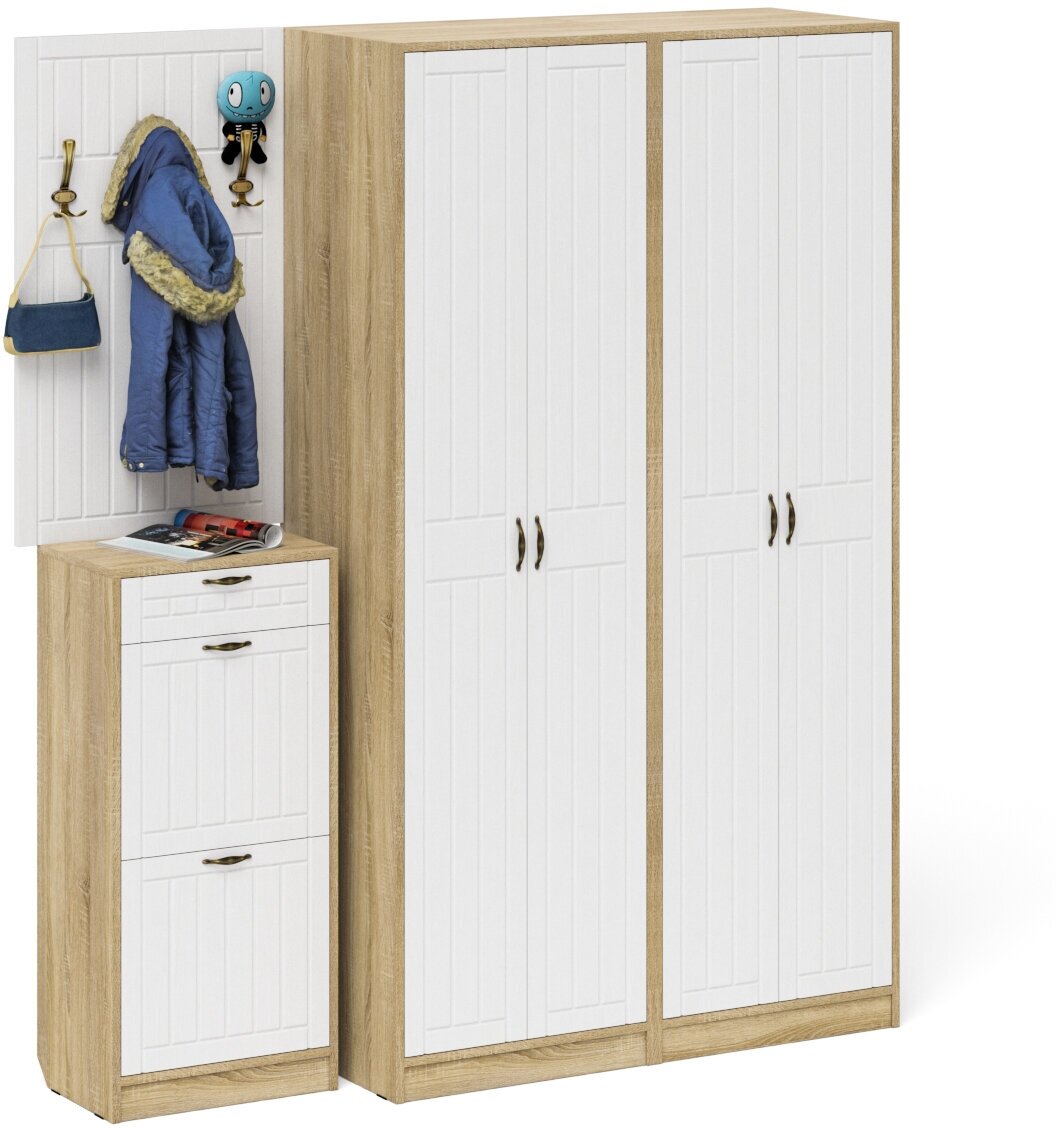 П-6 прихожая компоновка № 15, цвет дуб сонома/фасады МДФ белое дерево фрезеровка прованс, ШхГхВ 180х50х210 см.