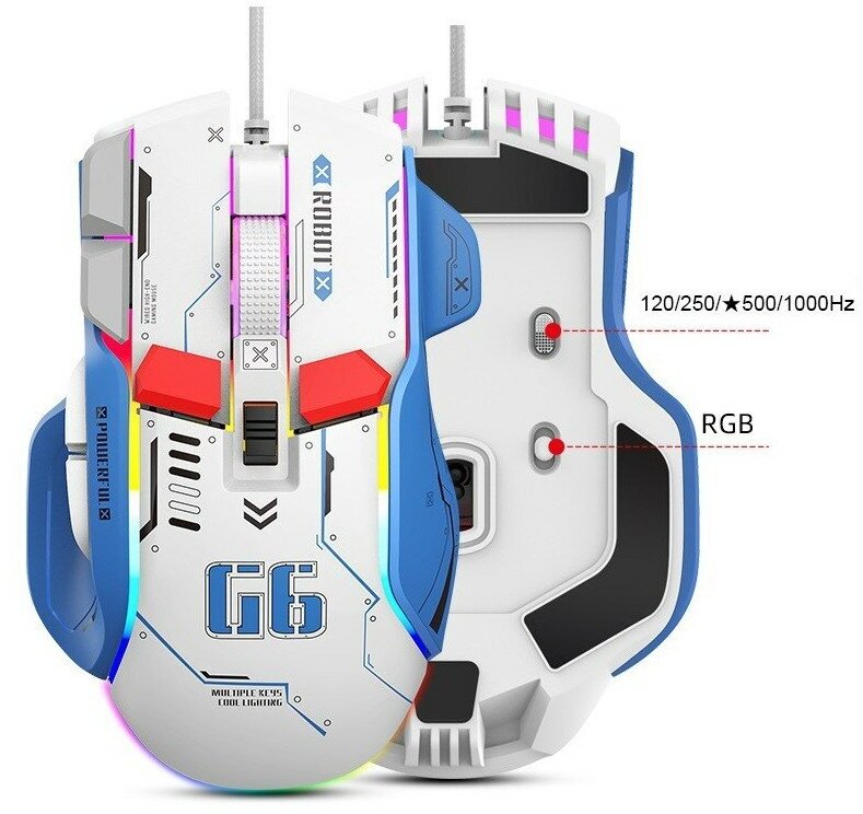 Профессиональная проводная игровая мышь G6 с 10 клавишами, 12800DPI, RGB для киберспорта Optimus Prime Белая