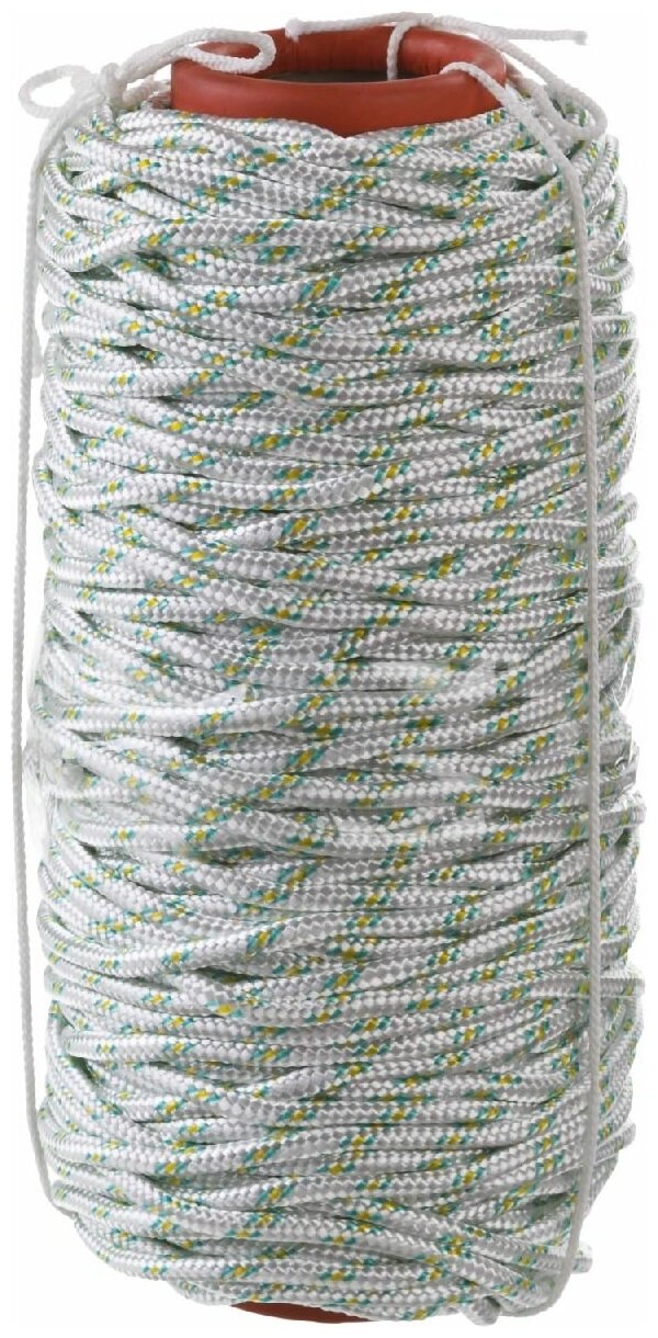 Капроновый фал СИБИН 16-прядный плетёный с сердечником d 6 мм 100 м разрывная нагрузка 650 кгс белый с желто-зеленой вставкой