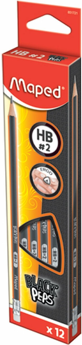 Упаковка 4 шт. Набор карандашей чернографитных MAPED (Франция), 12 шт, "Black Pep's", HB, трехгранные, с резинкой, 851721
