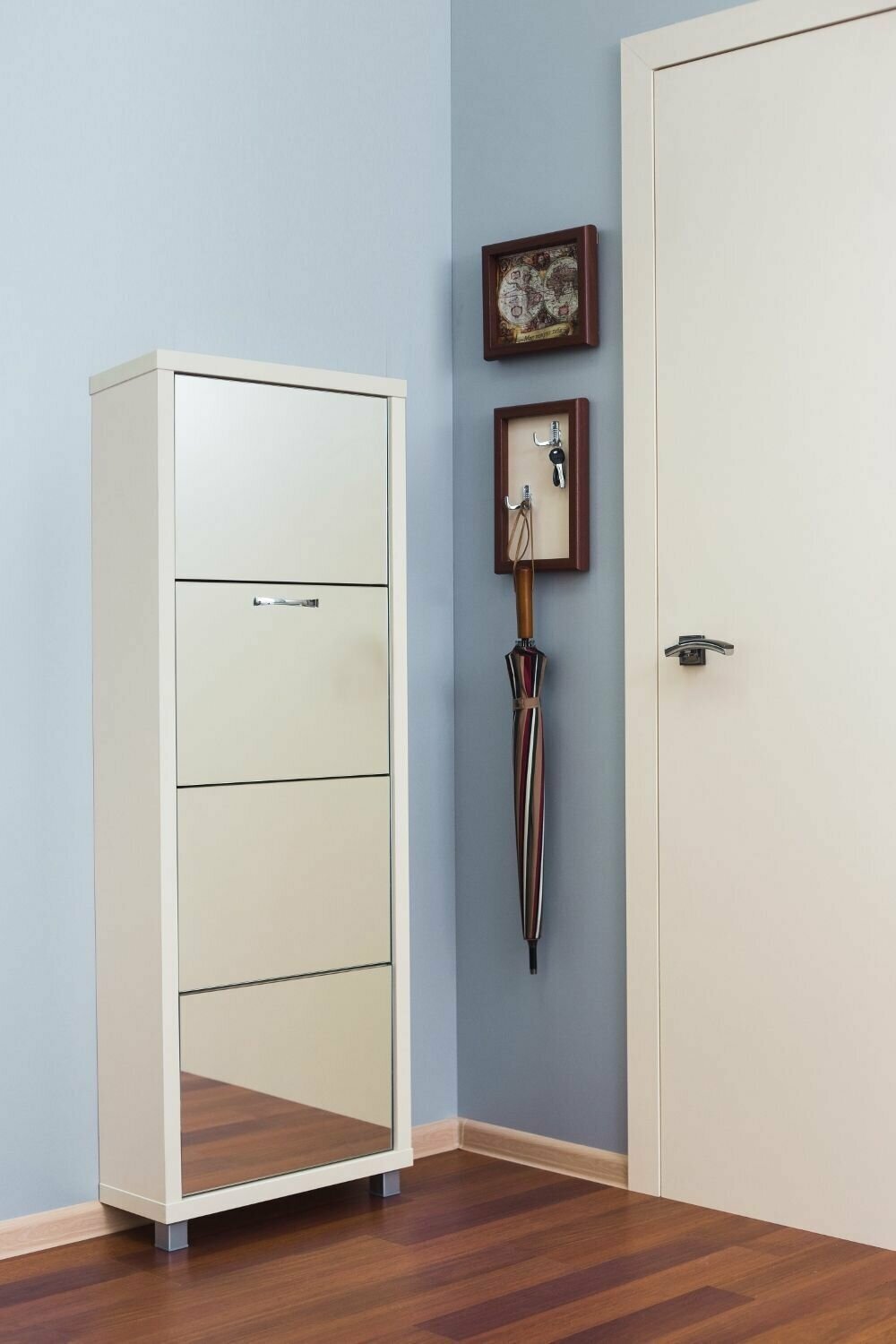 Шкаф обувной Люкс, Крем 4 секции, фасад зеркало