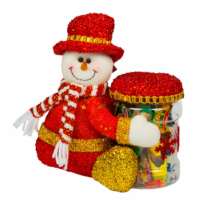Декоративная новогодняя упаковка из текстильных материалов к 2026 г. "Снеговик с банкой" арт. NC12-1383/2. Вместимость - до 300 г