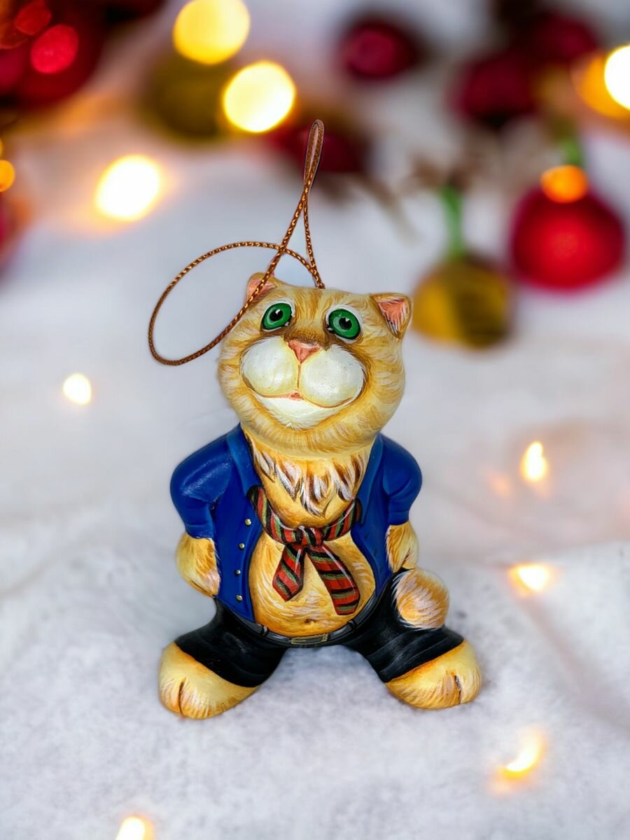 Елочная игрушка/статуэтка "Кот в галстуке" подарок на Новый год, фарфор, ручная роспись