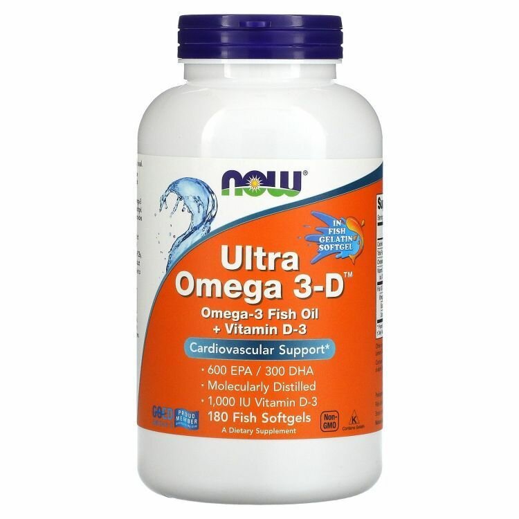Капсулы NOW Ultra Omega 3-D 600/300, 180 шт. Ультра омега-3 с витамином D, 600 ЭПК / 300 ДГК, 180 капсул