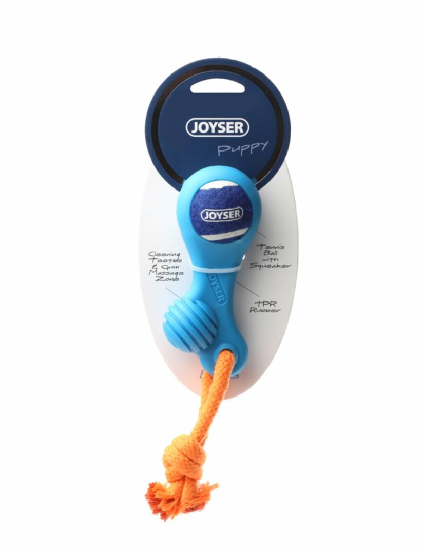Игрушка для собак JOYSER Puppy Резиновая косточка с теннисным мячом S голубая, 13 см