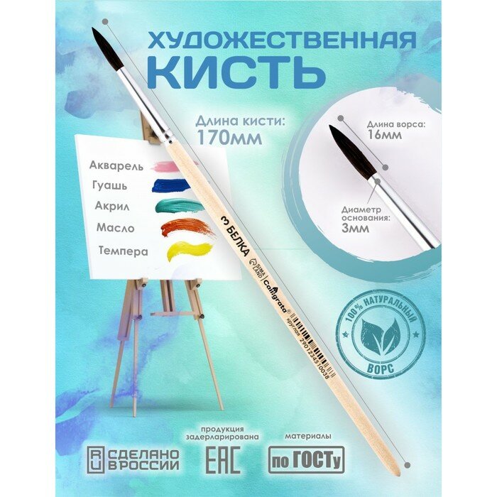 Кисть для рисования, белка, № 3, Calligrata, круглая, деревянная ручка, 7 шт.