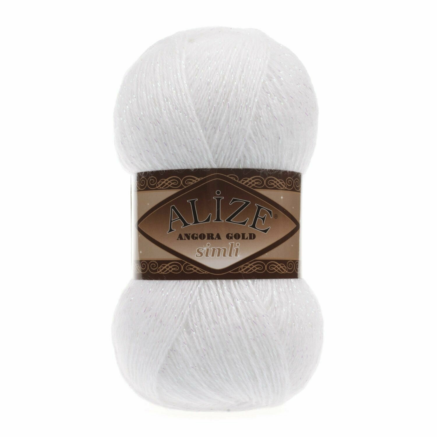 Пряжа Ангора Голд Сим Alize Angora Gold Sim упаковка 5 мотков 100 г. 500 м. 5% металлик 20% шерсть 75% акрил цвет 55 белый