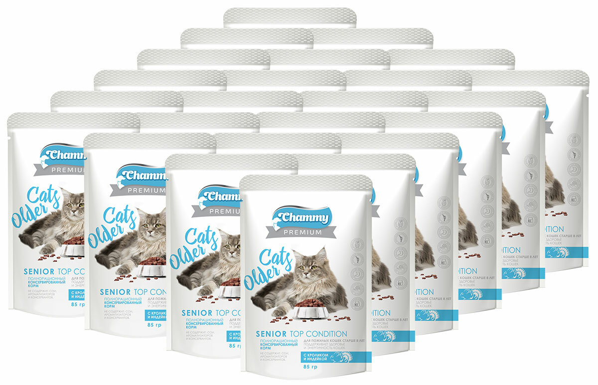 CHAMMY PREMIUM SENIOR для пожилых кошек старше 8 лет с кроликом и индейкой пауч 85 гр 85 гр х 24 шт