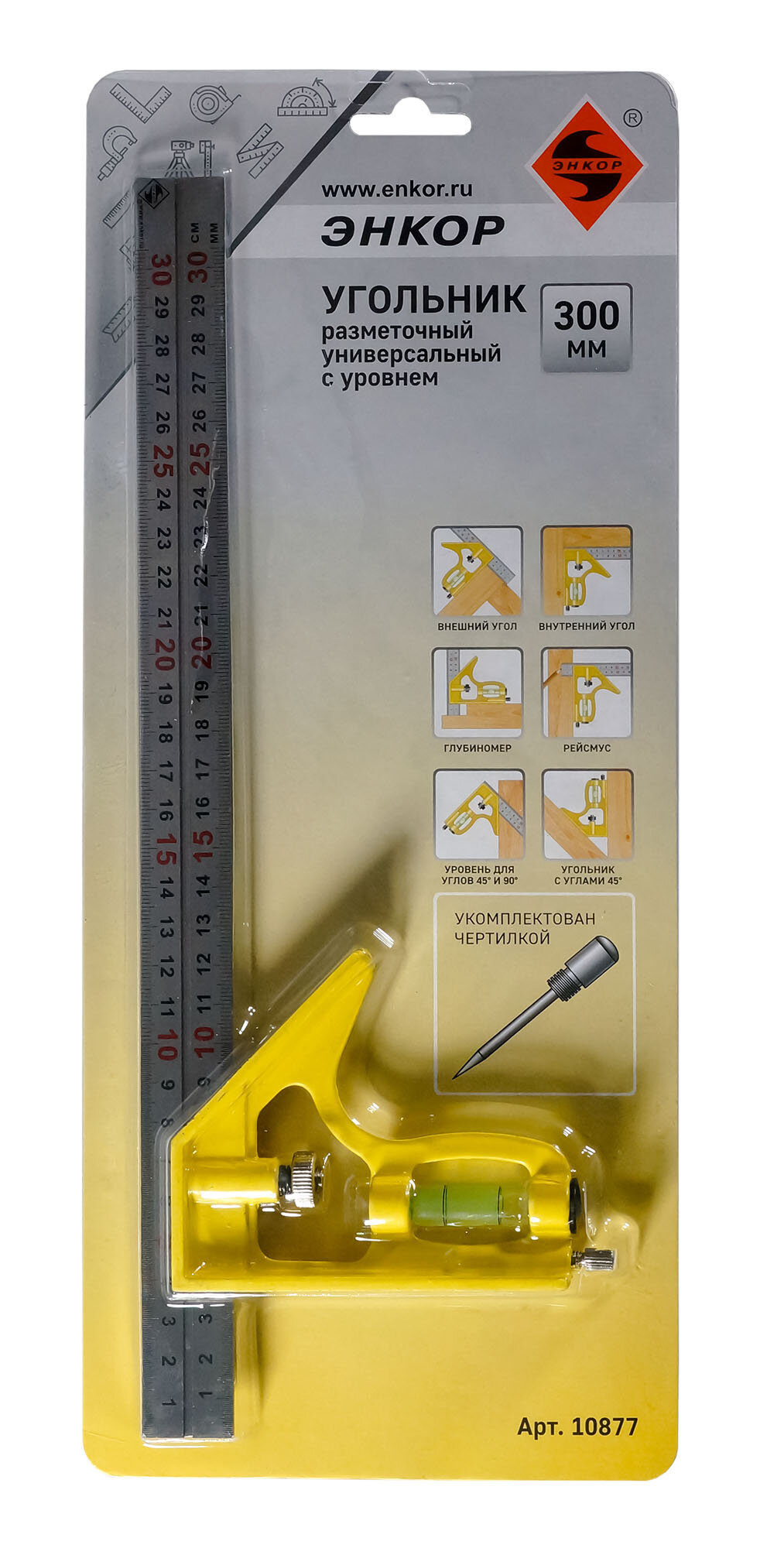 Угольник Энкор 10877, разметочный, универсальный, с уровнем, 300 мм