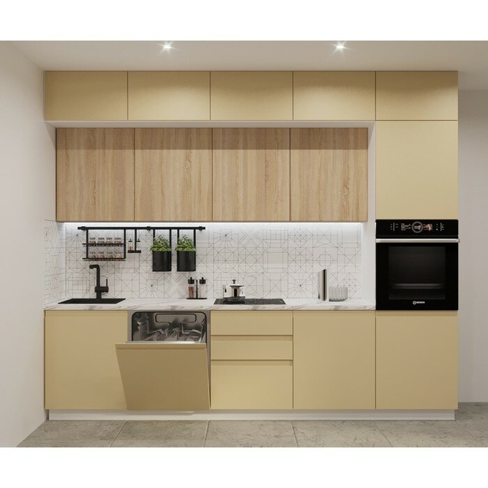 Кухонный гарнитур прямой трёхуровневый в потолок «Фаска 54», 3000 мм, цвет стамбул/дуб сонома