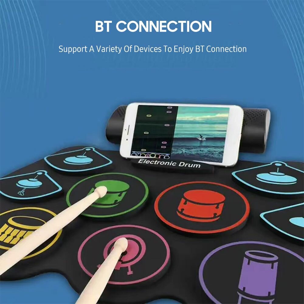 Электронная барабанная установка с 9 пэдами Сворачиваемый тренировочный барабан