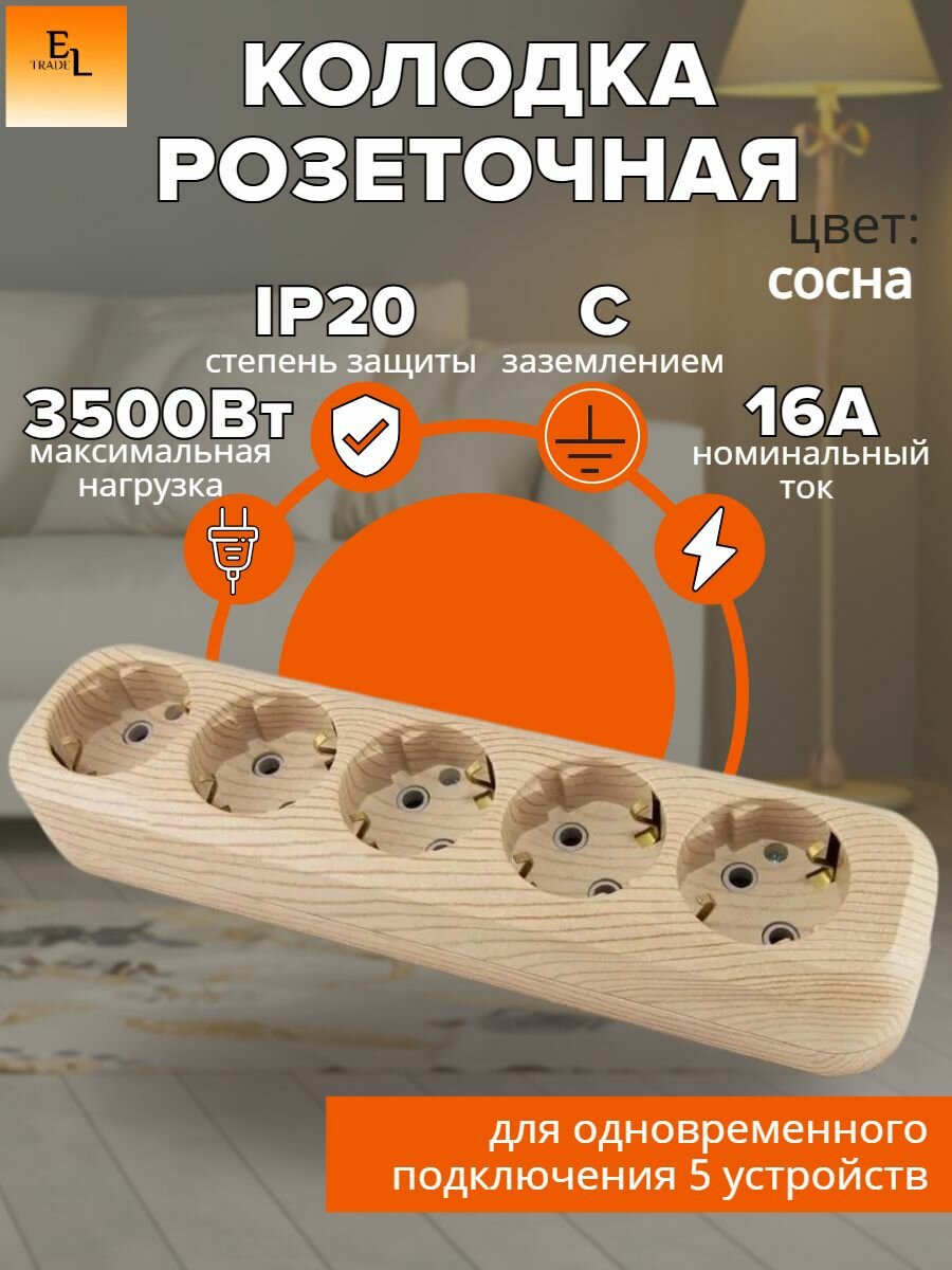 Колодка электрическая 5 гнезд розеточная (2П, с заземлением, 16А, 250В, сосна, Эко, IP20)