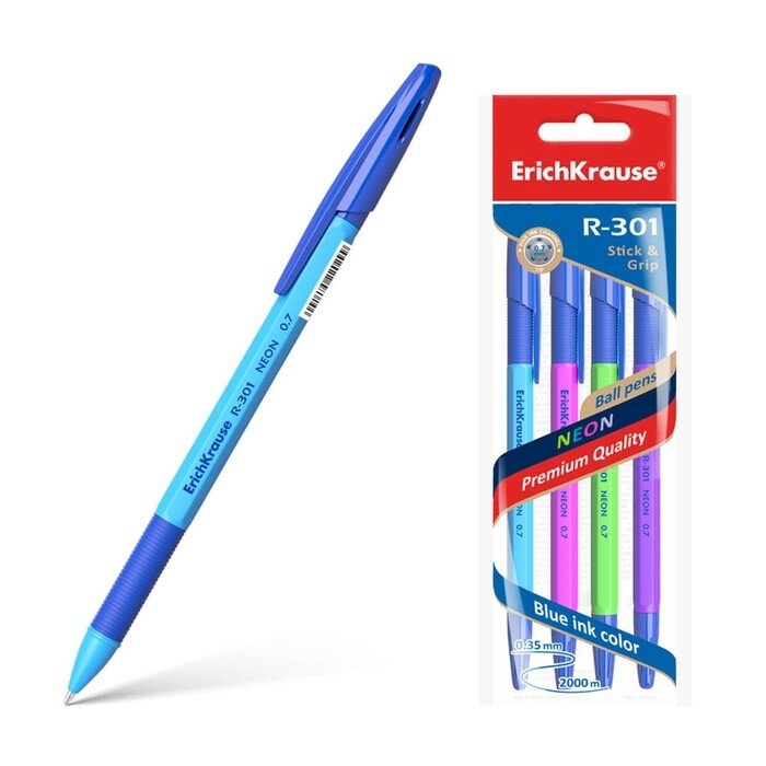 Набор ручек шариковых Erich Krause "Neon Stick & Grip", 4 шт, узел 0,7 мм, синие, длина линии письма 1000 м