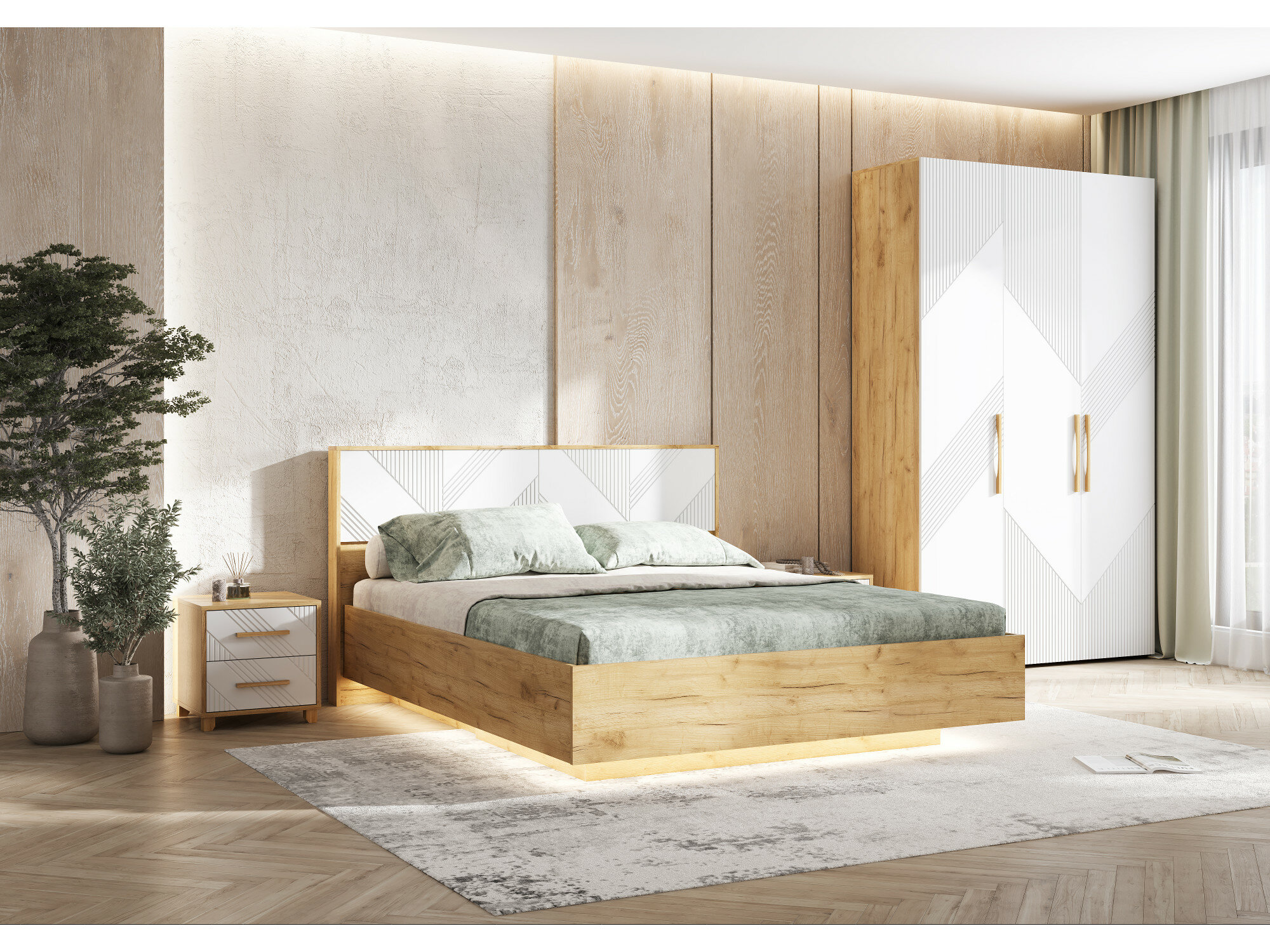 Спальня, в современном стиле, с фасадами МДФ, композиция 1, браш вайт/дуб крафт