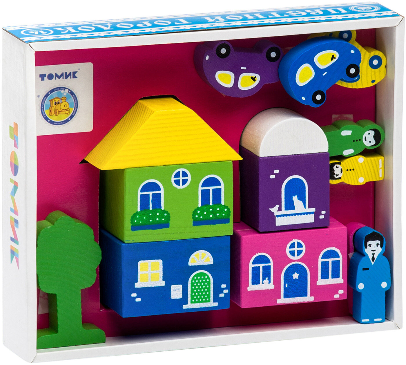 Деревянный конструктор Томик "Цветной городок. Розовый", игровой набор из 14 деталей