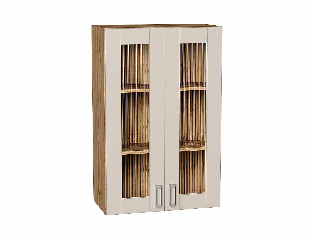 Шкаф верхний с 2-мя остекленными дверцами Лофт, цвет фасада Cream Silk, цвет каркаса Дуб Вотан, стекло Magic Moru V, 920*600*320 мм