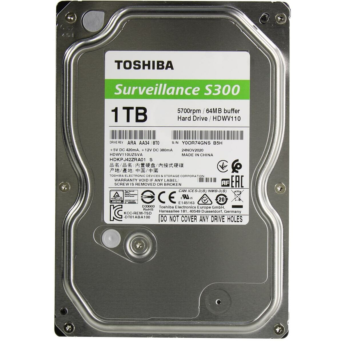 Surveillance S300 HDWV110UZSVA 1 Тб 5400/5900 об/мин, IntelliPoint, CoolSpin SATA 6Gb/s (SATA-III) 3.5" 64 Мб 24x7 4K