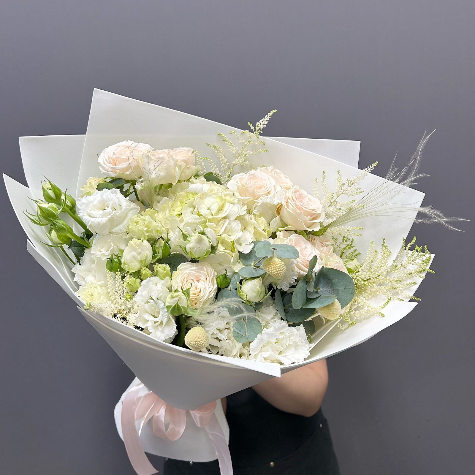 Белый букет с гортензией, розами и астильбой в матовой пленке