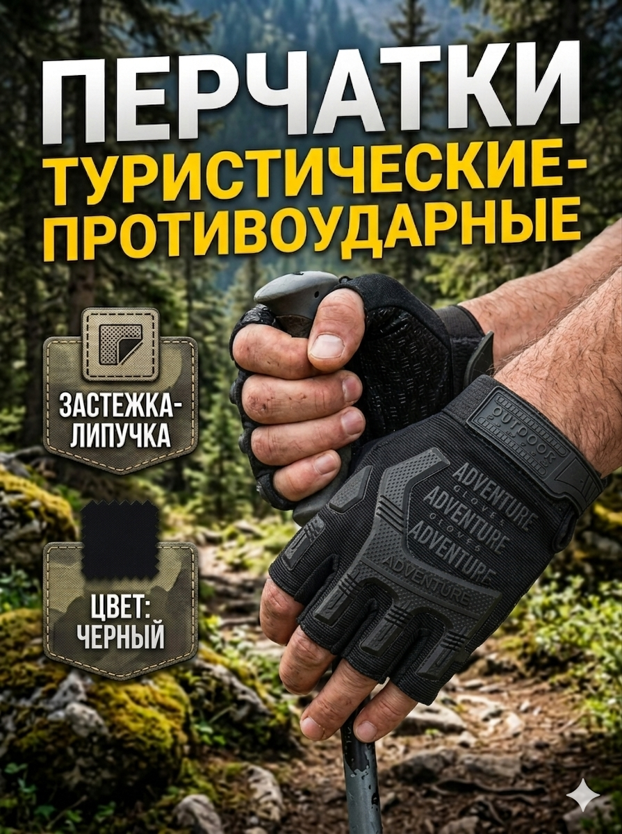 Перчатки туристические черные без пальцев, противоударные, для активного отдыха