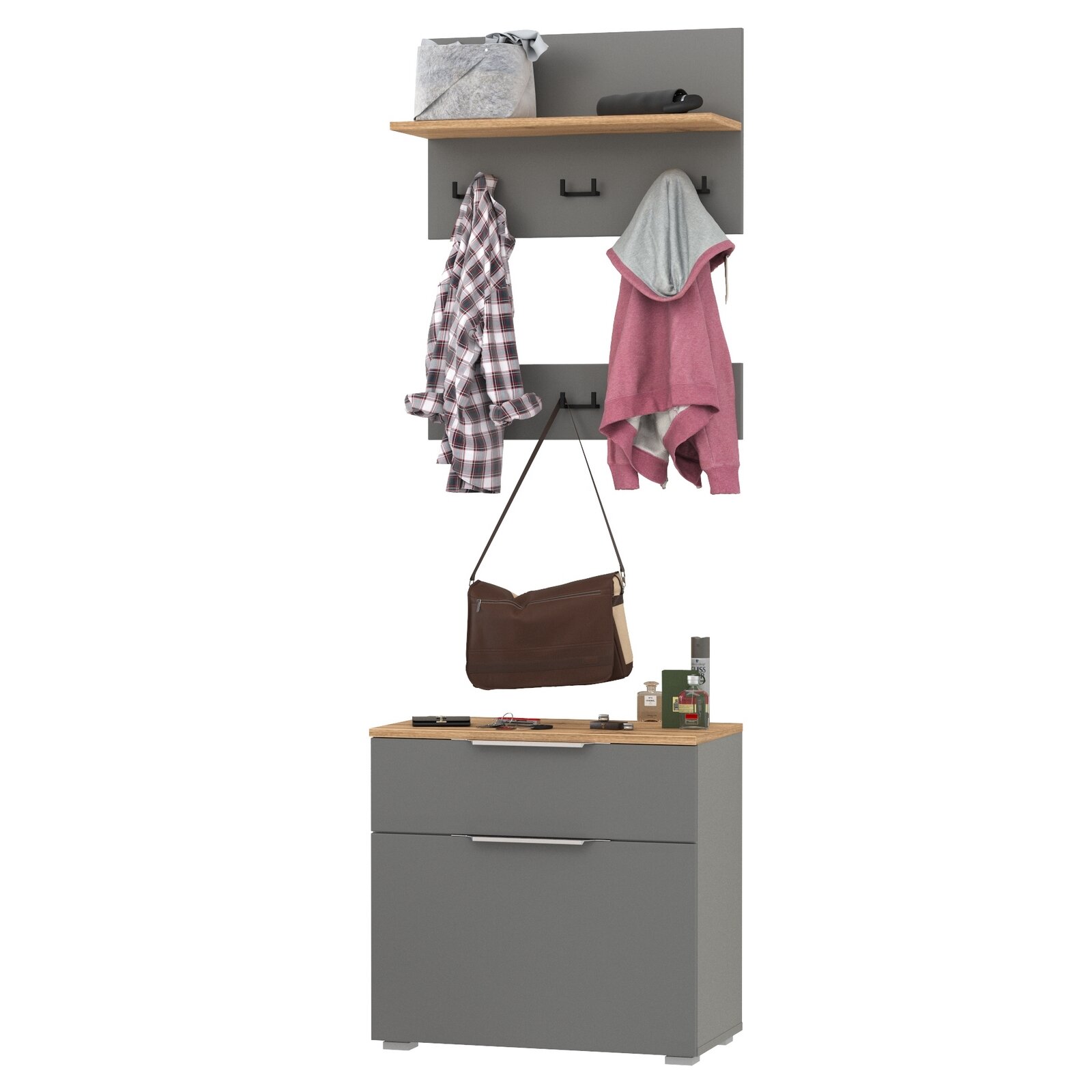 Обувница с вешалкой и с вешалкой с полкой Моби Октава цвет серый/дуб крафт золотой, 64,9х35,4х197 см