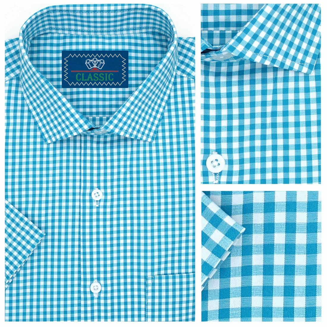 Рубашка Рубашка мужская с коротким рукавом, прямая классическая, светлая сорочка, на пуговицах, рубаха на любой сезон, стильный фасон одежды, бирюзовая, клетка, с карманом, летняя