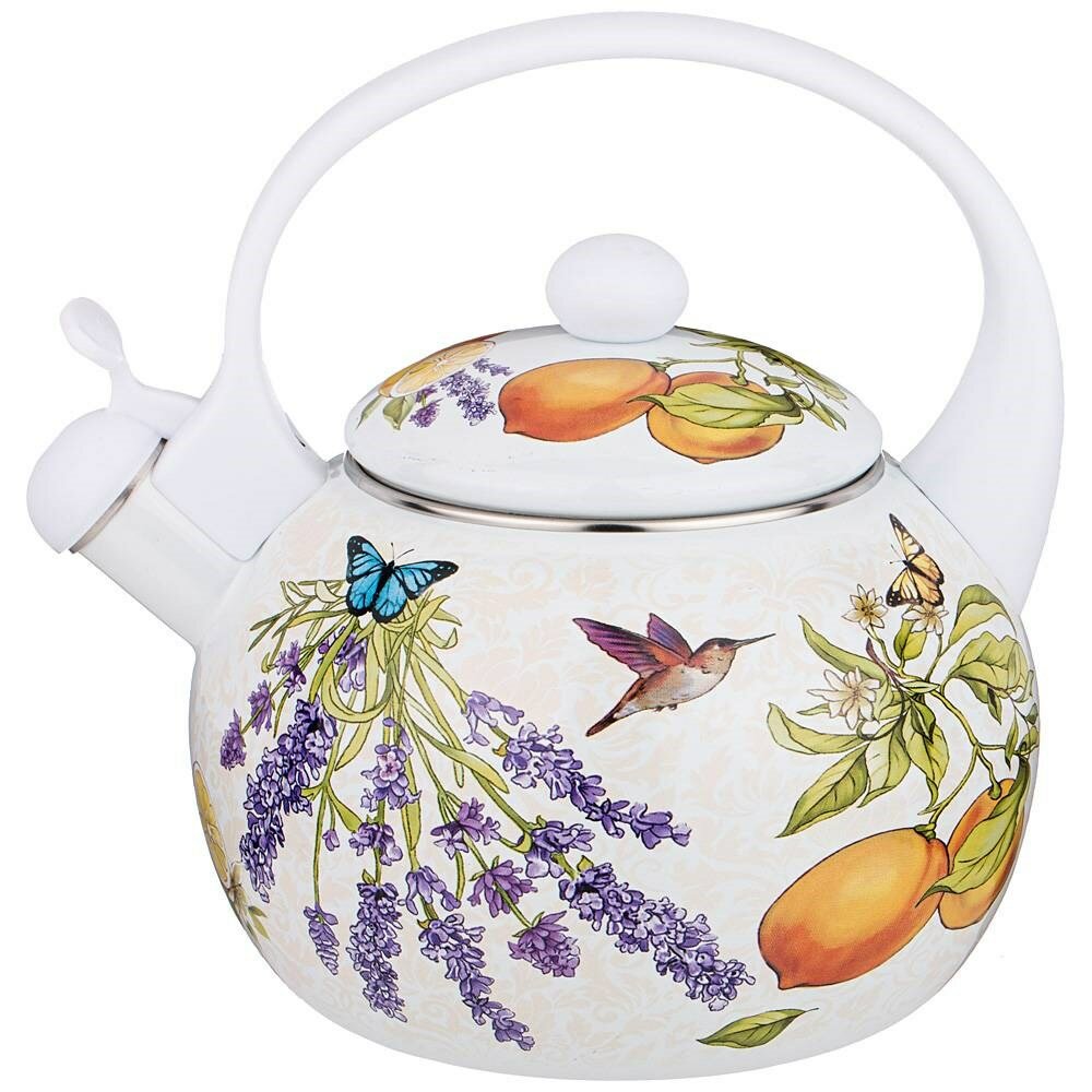 Чайник agness эмалированный со свистком, серия "Прованс лимоны"2,2л, индукционное дно