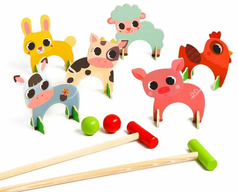 Детская развивающая игра "Прокати шарик", деревянная логическая игрушка крокет с фигурками животных, тактическая борьба, 2 молотка и 2 шарика, 43,5х4,5х18,5 см