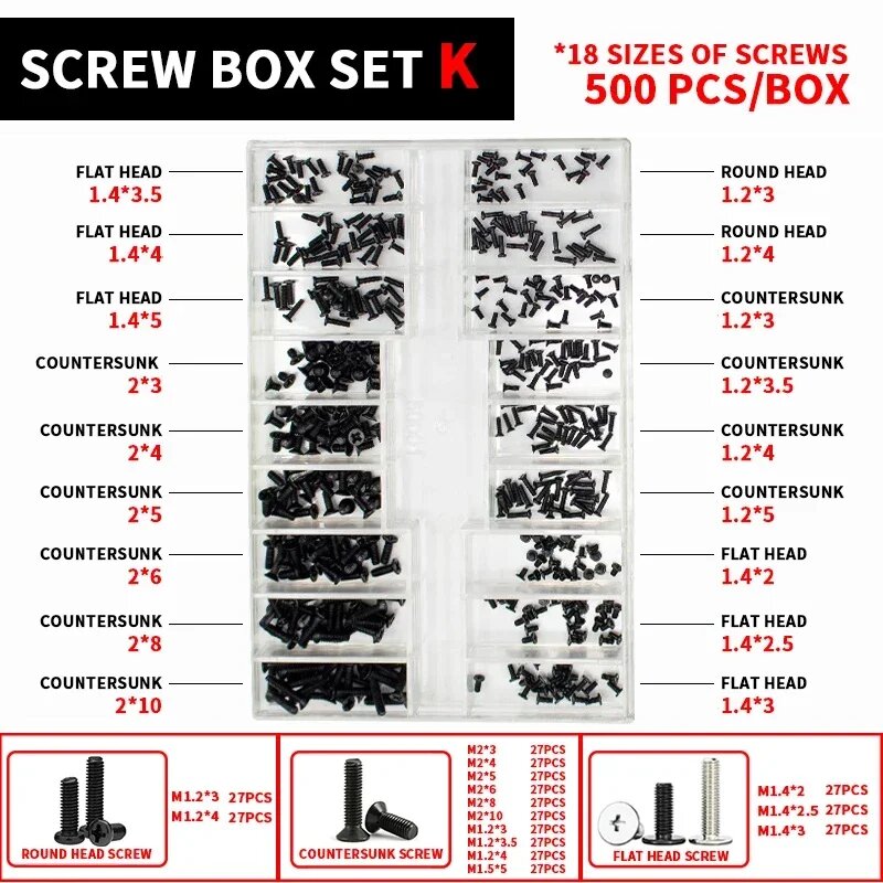 Набор винтов M1.2 M1.4 M2 для ремонта компьютеров K set, 1 BOX