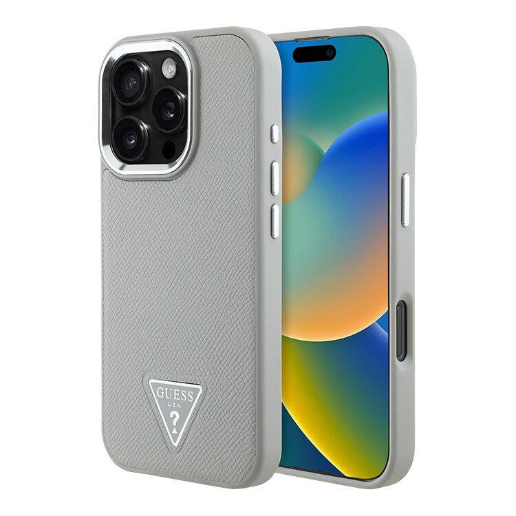 Guess чехол MagSafe для iPhone 16 Pro, Triangle metal logo зернистая кожа, бежевый сероватый