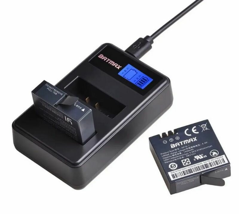 Аккумулятор Batmax AZ16-1 для Xiaomi YI 2 4K - 2 шт. + З/У на 2 аккумулятора LCD