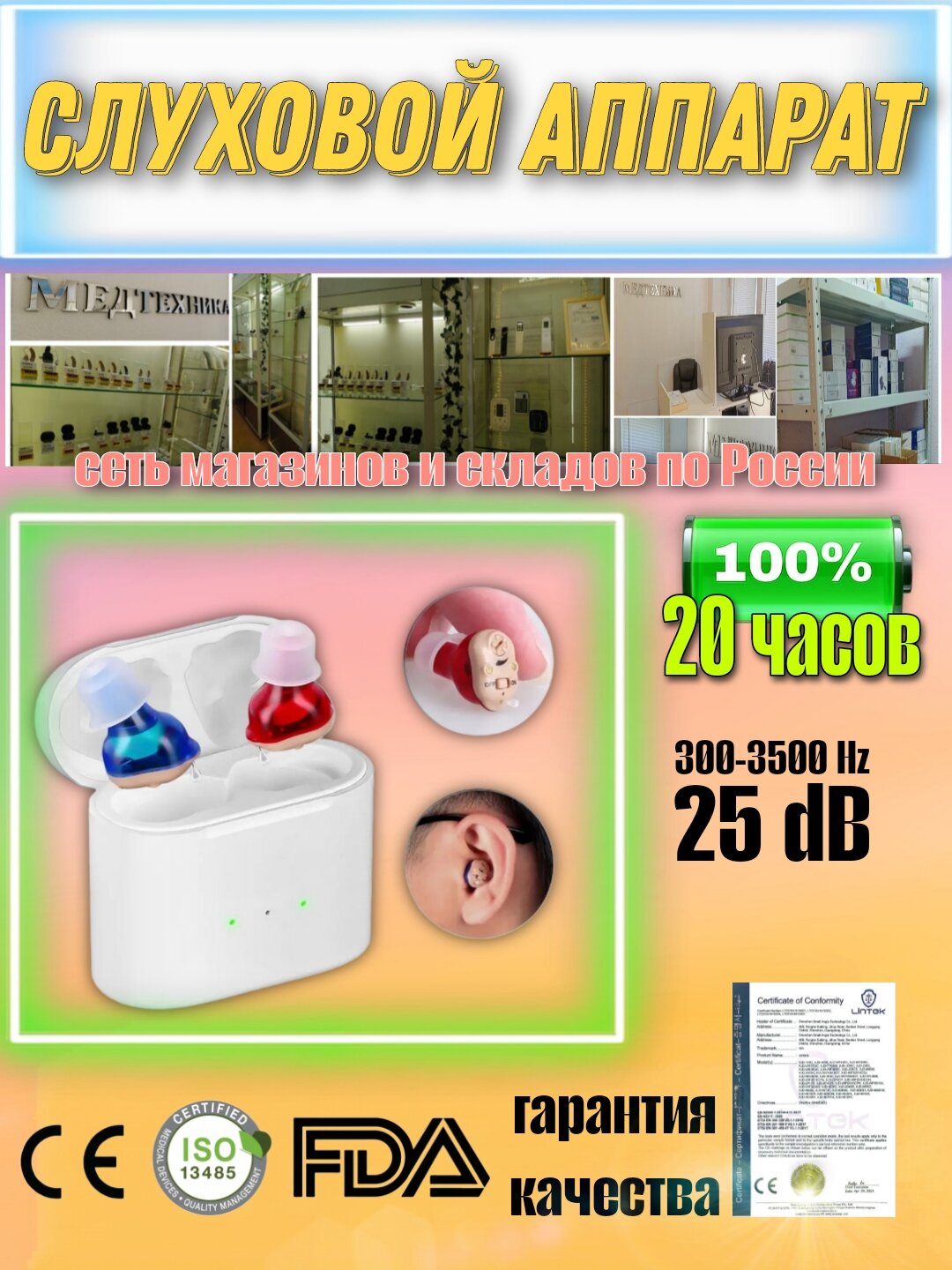 Слуховой аппарат аккумуляторный CIC внутриканальный комплект