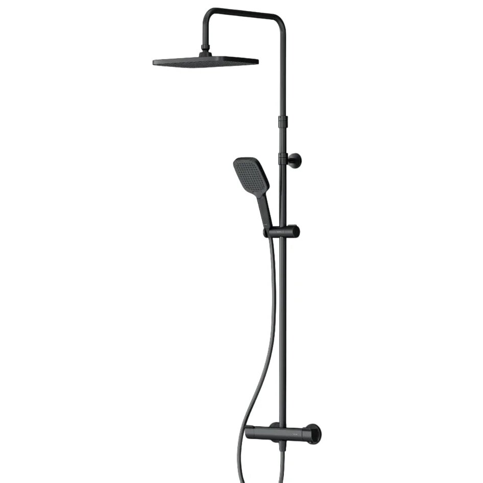 Душевая стойка AM.PM Func F078F422 со смесителем, термостатическим, черная, глянцевая, с тропическим душем, с лейкой, душевая система, латунная