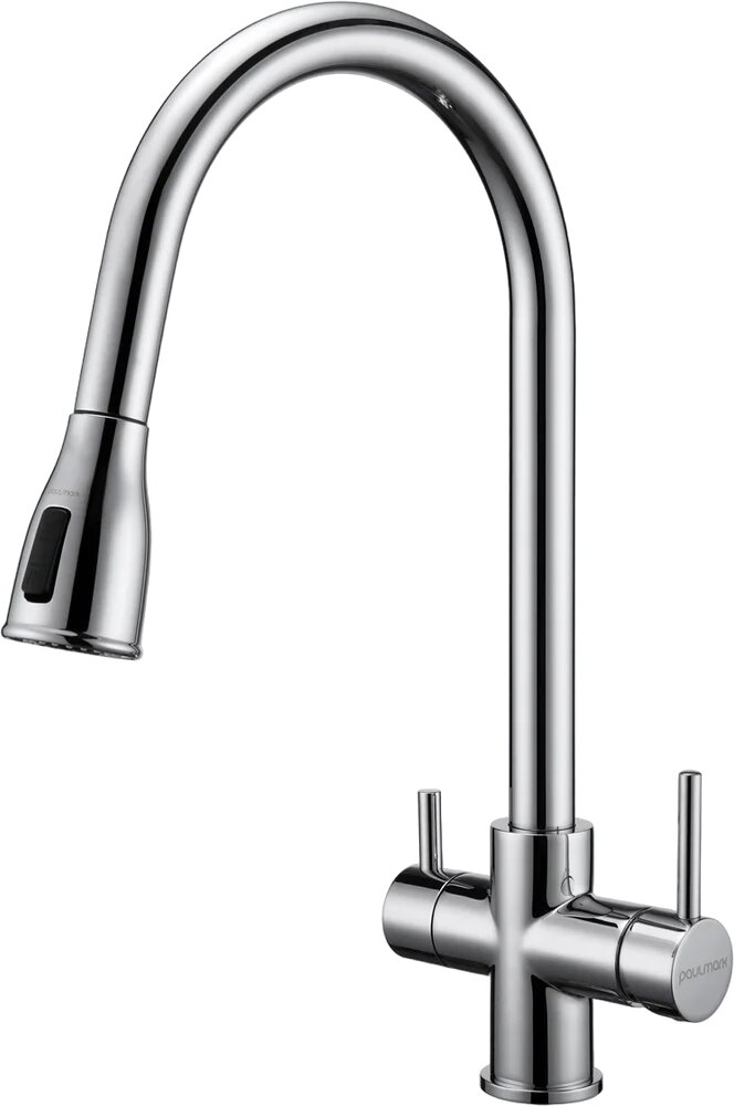 Смеситель для кухни Paulmark Lange 214212-CR с краном для питьевой воды, с поворотным изливом, хром, глянцевый, однорычажный, латунный, с керамическим картриджем