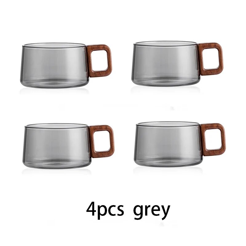 2/4 шт, набор кофейных кружек из боросиликатного стекла, термостойкая чайная чашка с деревянной ручкой, чашка для эспрессо для молока, латте, капучино, подарок, 301-400 мл, Серый
