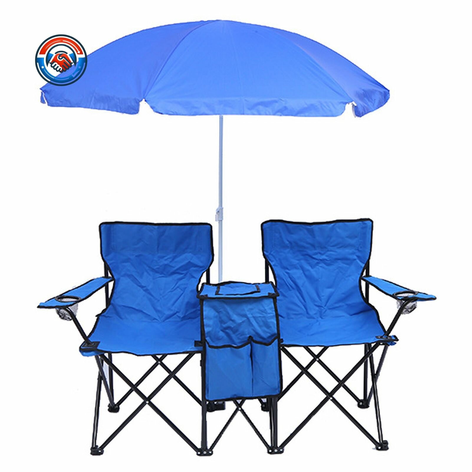 Складное кемпинговое кресло для двоих с зонтом и сумкой-холодильником, прочная ткань Oxford, складная конструкция для пляжа, рыбалки и отдыха на природе