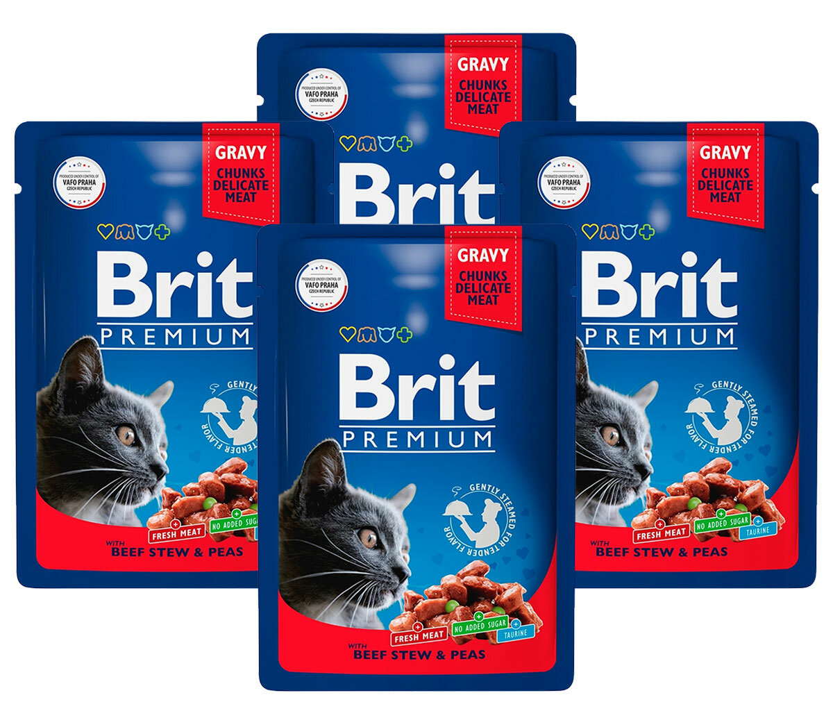 Корм влажный Brit Premium Cat With Beef Stew & Peas для взрослых кошек с говядиной и горошком пауч кусочки в соусе, 85 г х 4 шт