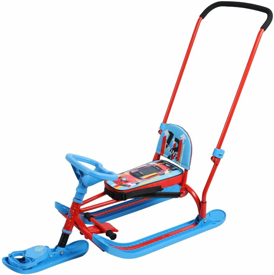 Снегокат детский "Twiny 2+. Sportcar" со спинкой, родительской ручкой, авторулем и амортизацией, регулируемое мягкое сиденье, ремень безопасности, 99х40,5х48,5 см, нагрузка до 60 кг, 3+, сине-красный