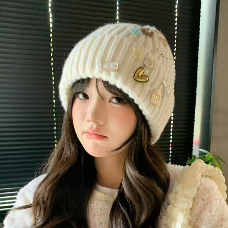 Милая дизайнерская шерстяная шапка для женщин осенью и зимой, большая окружность головы, небольшая шерстяная шапка, открывающая лицо, защита от холода, защита ушей, пуловер от холода.