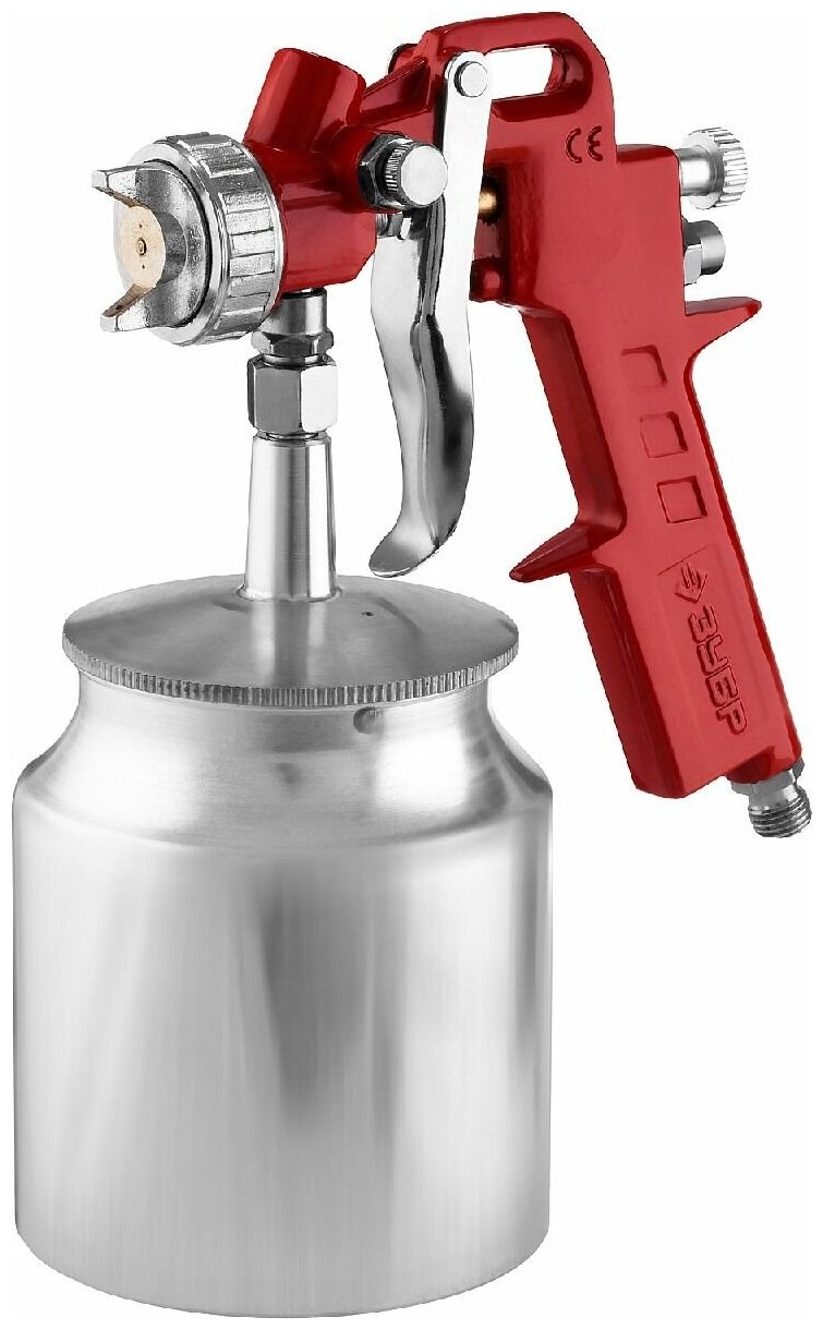 Пневматический краскопульт ЗУБР с нижним бачком 0 75 л дюзой 1 3 мм давлением 3-5 бар и расходом воздуха 125-225 л/мин