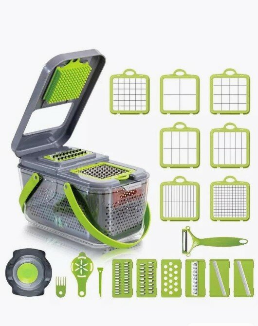 Овощерезка с корзиной для хранения, многофункциональная, 22 предмета, нержавеющая сталь, цвет зеленый