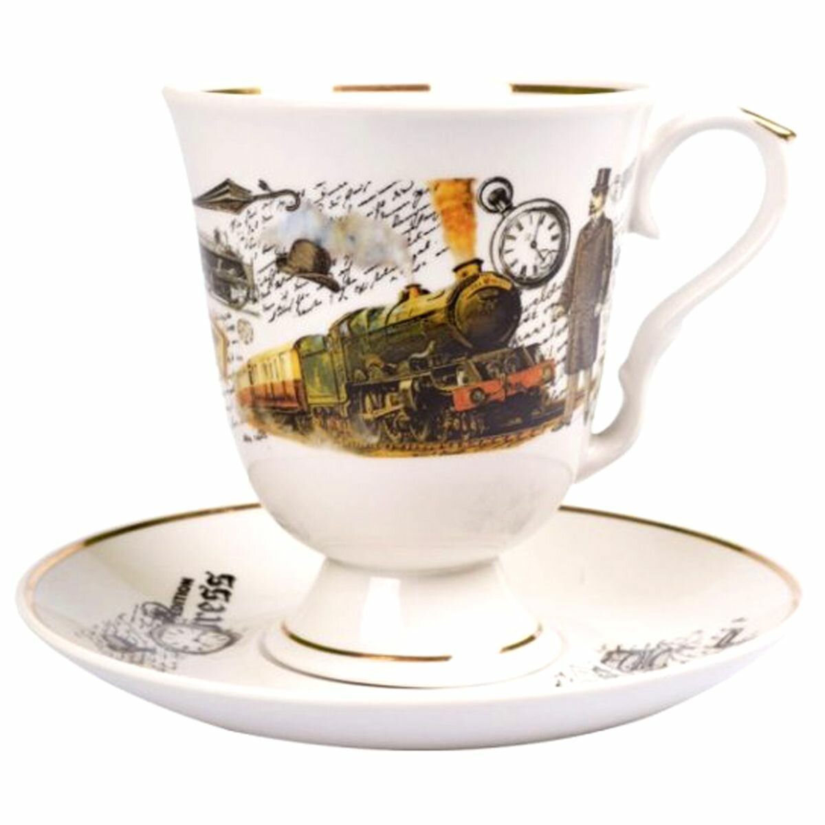 Чайный бокал с блюдцем, 530 мл. Форма "Классический", рисунок "Джентльмены. Поезд". Фарфор. Дулёвский фарфоровый завод ДФЗ.