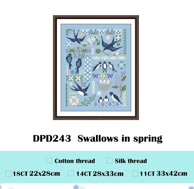 Набор для вышивки крестом "Swallows in spring", птица, голубая, 18/14/11 ct, цвет: красный