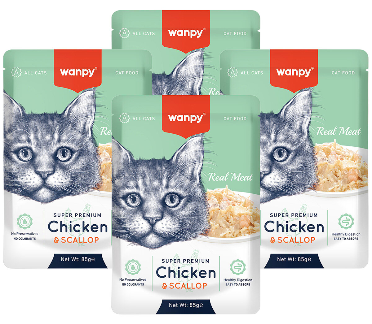 Влажный корм Wanpy Cat Chicken & Scallop для кошек с курицей и гребешками пауч, 85 г 4 шт