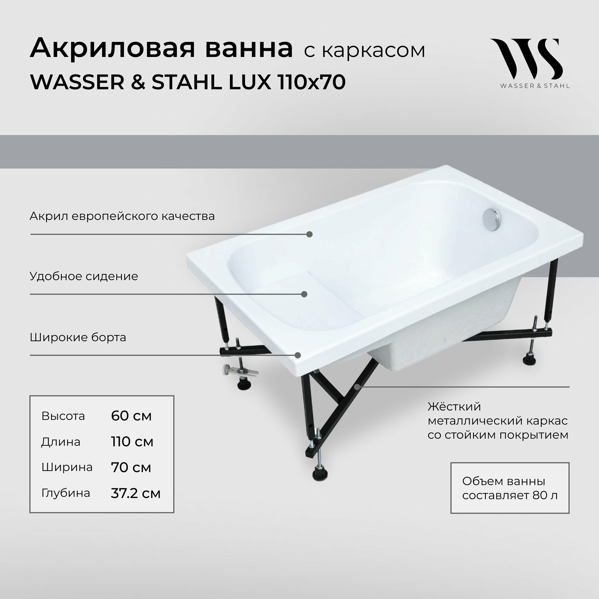Акриловая ванна WASSER & STAHL LUX 110x70 с каркасом