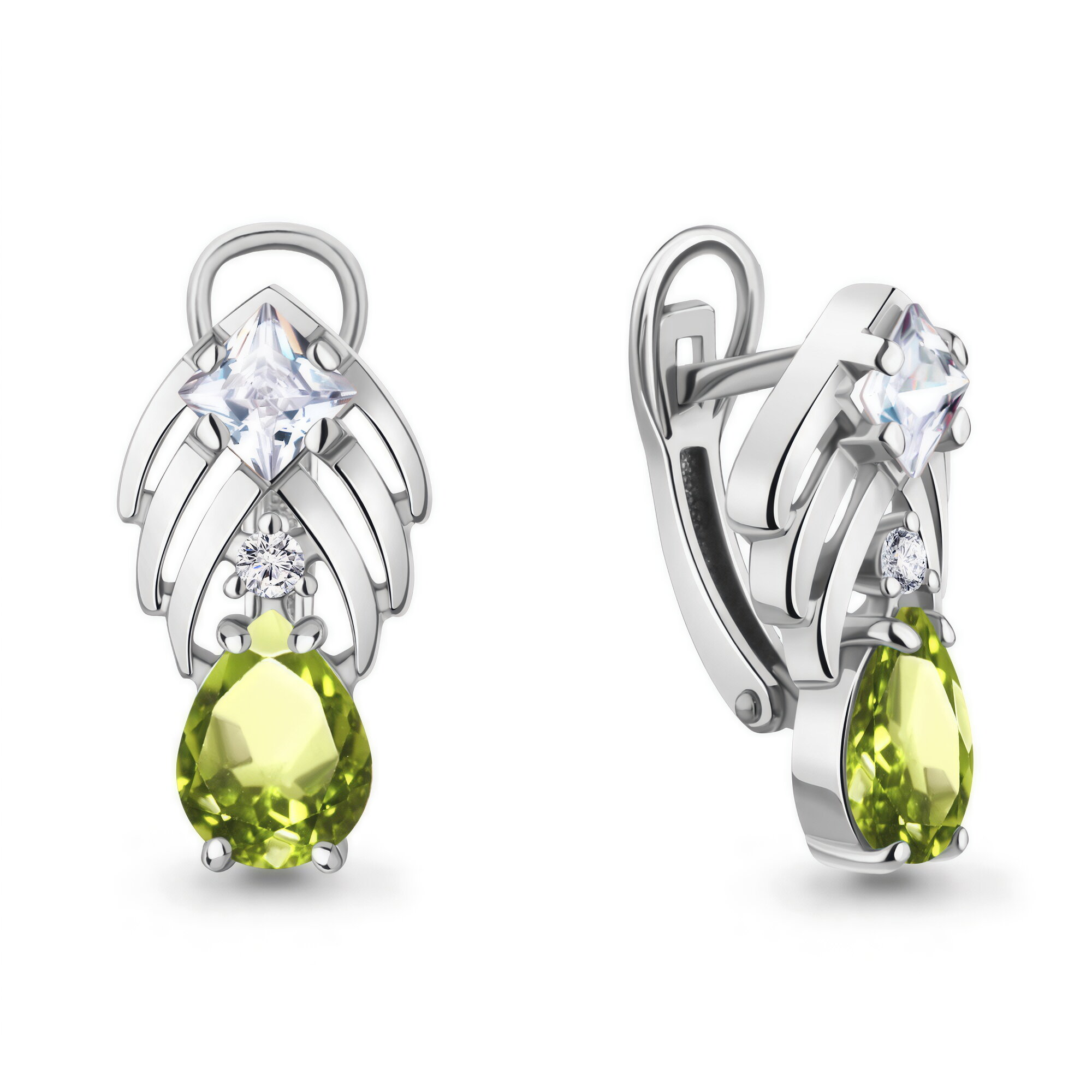 Серьги, серебро, 925 проба, родирование, фианит, хризолит