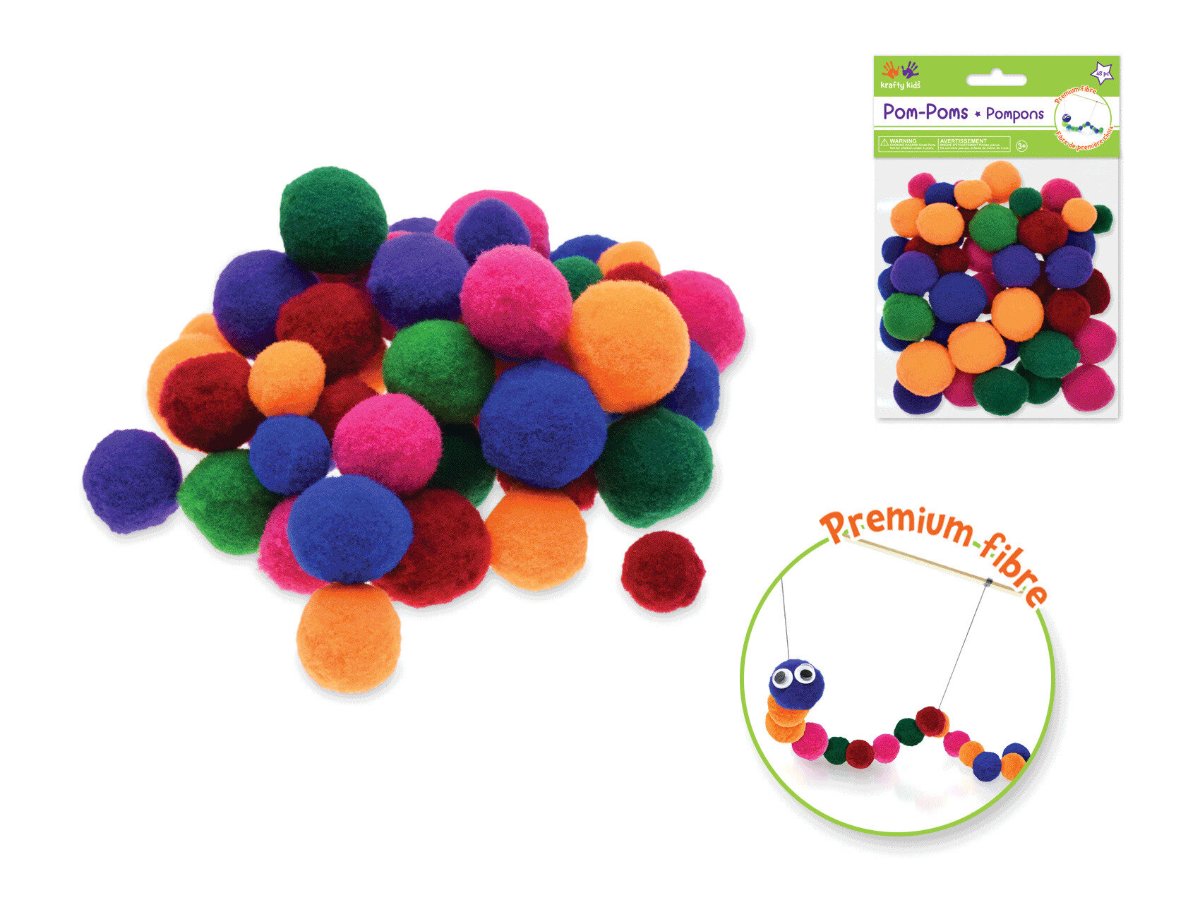 Набор разноцветных помпонов ассорти трех размеров (48 шт.)