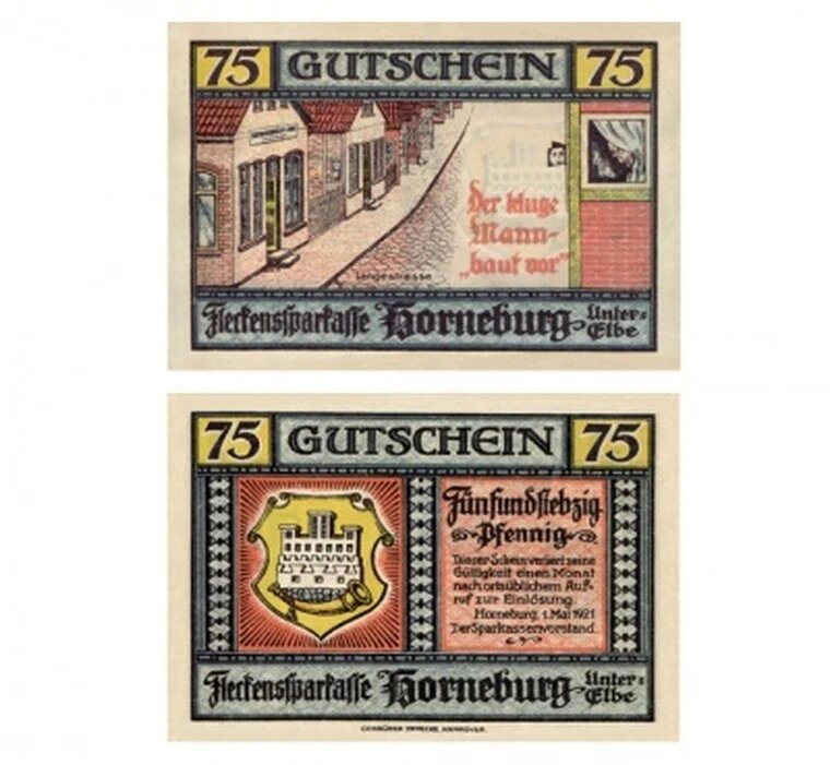 Нотгельд 75 пфеннигов 1921 Германия, Хорнебург, сувенирная копия, банкноты и купюры редкие коллекционные